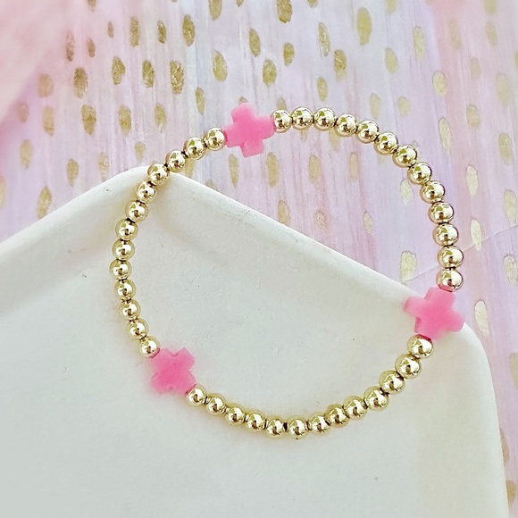Jewelry | Preppy Pink Cross Faith Gold Beaded Bracelet | Poshmark